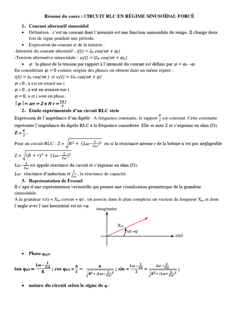 Résumé de Cours Physique Tle D RLC | PDF | Impédance (électricité ...