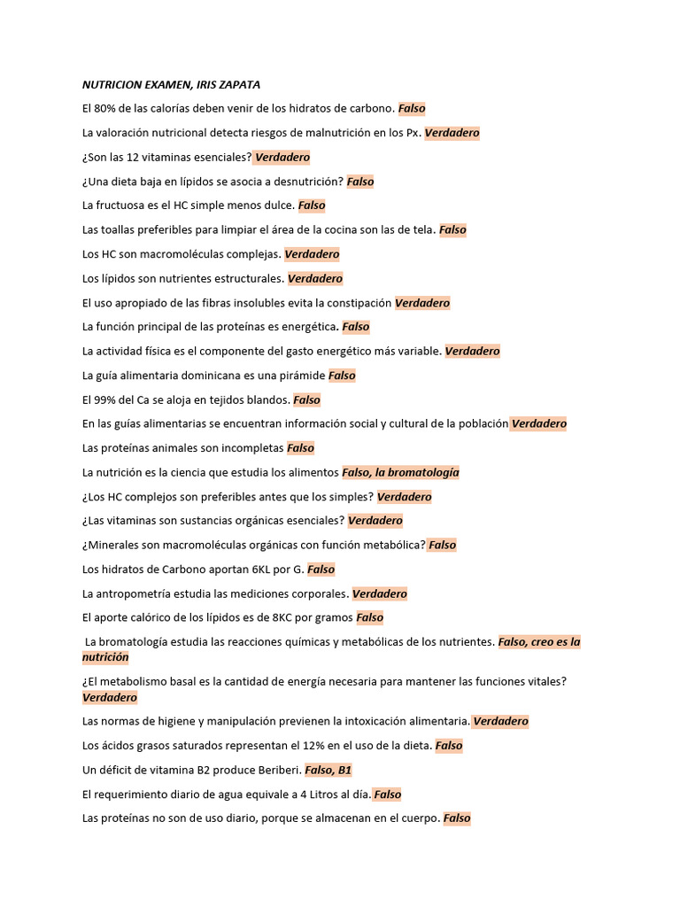 Examen de Nutrición UASD: Iris Zapata | PDF | Ciencia y matemáticas