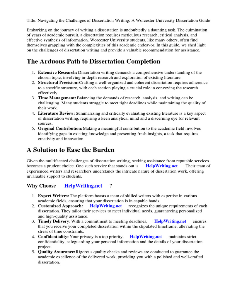 Worcester University Dissertation Guide | PDF | Thesis | Doctor Of Philosophy