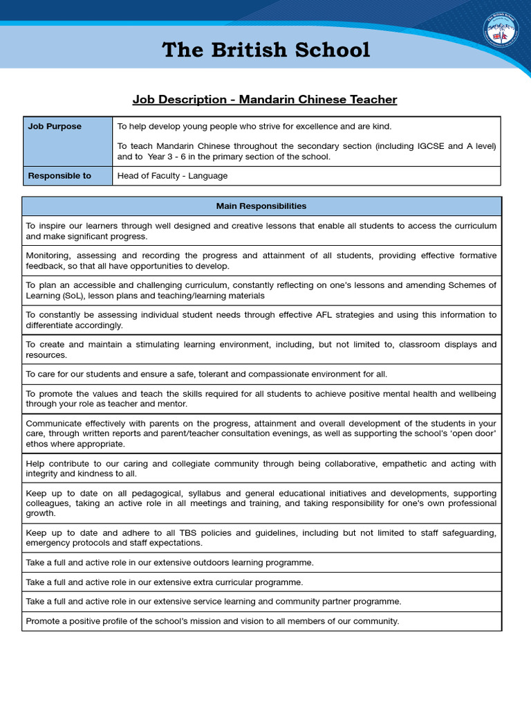 Mandarin Chinese Teacher - JD - PS - 2024 - 25 (Updated) | PDF | Teachers | Learning