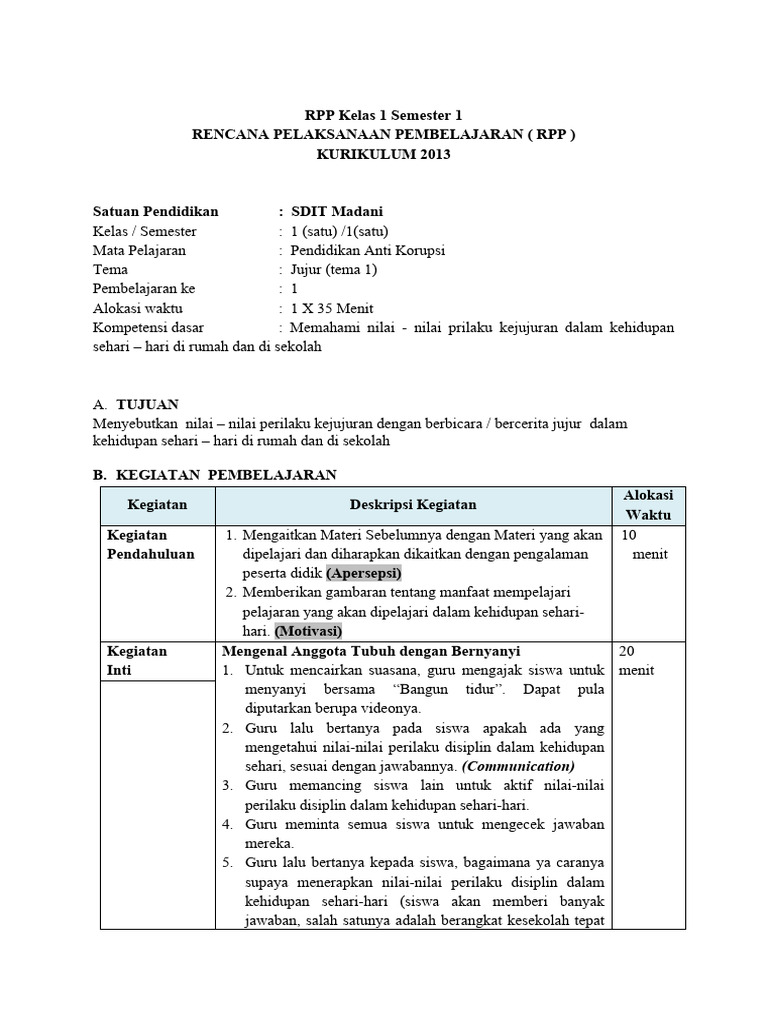 RPP Pend. Anti Korupsi Kelas 1 Semester 1 (Pert 1-8) | PDF