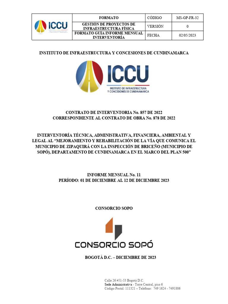 Informe Mensual de Interventoria No 11 v.1 | PDF | Bogotá