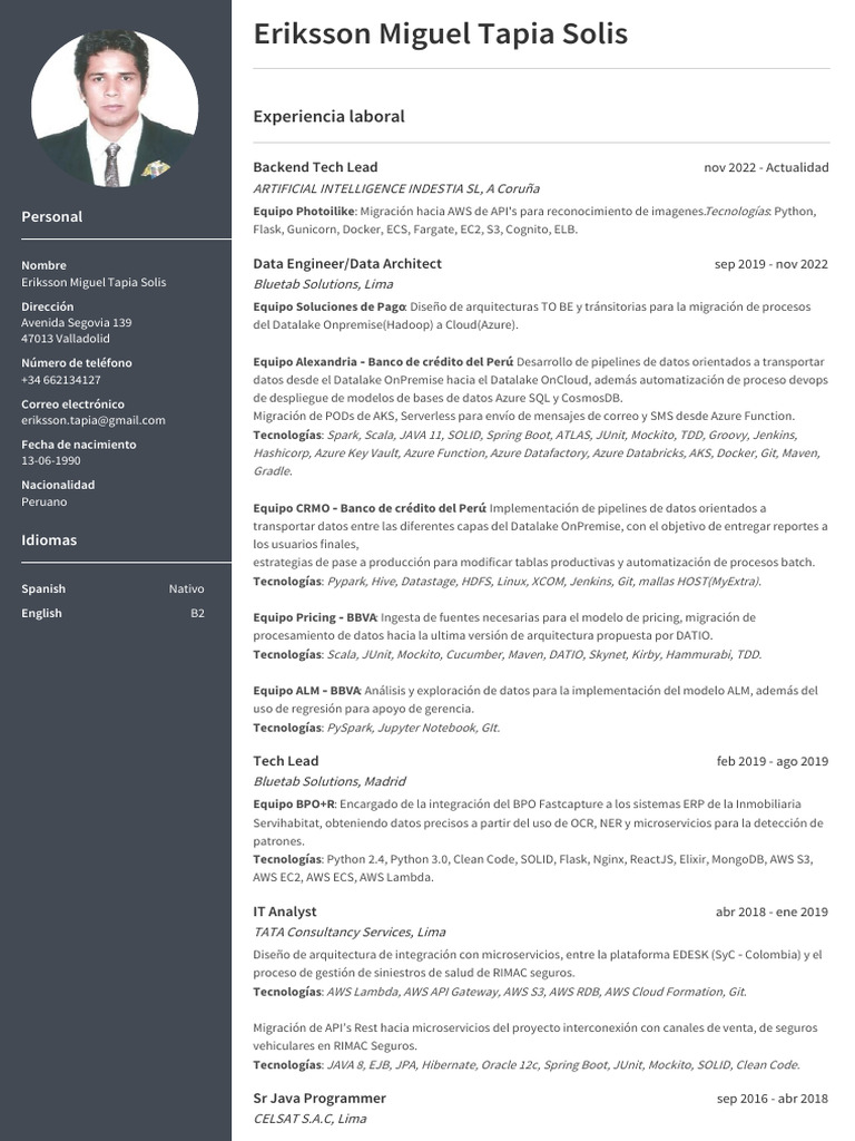 CV Eriksson Miguel Tapia Solis - Español | PDF | Vuelo salvaje | Plataforma Java