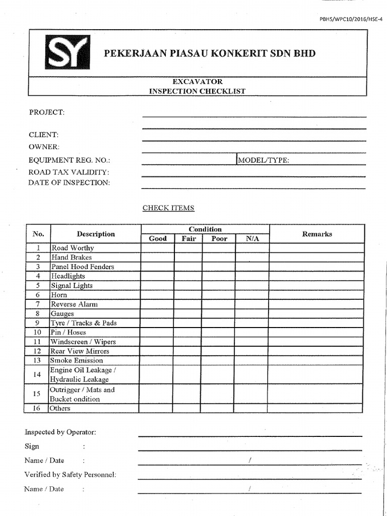 4 - Excavator Inspection Checklist | PDF