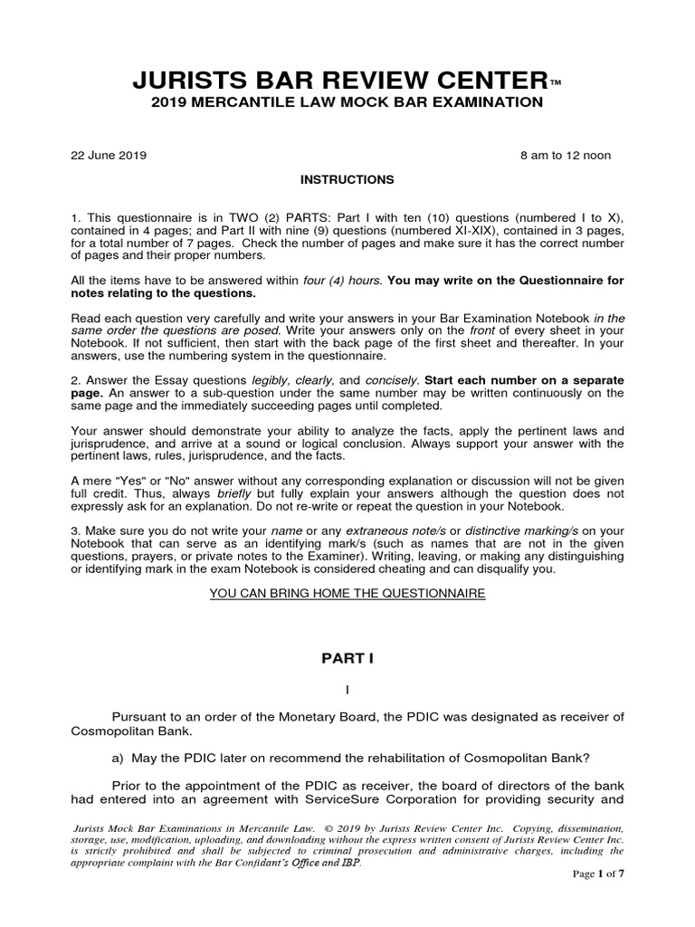 Mock Bar Examinations in Mercantile Law | Download Free PDF ...