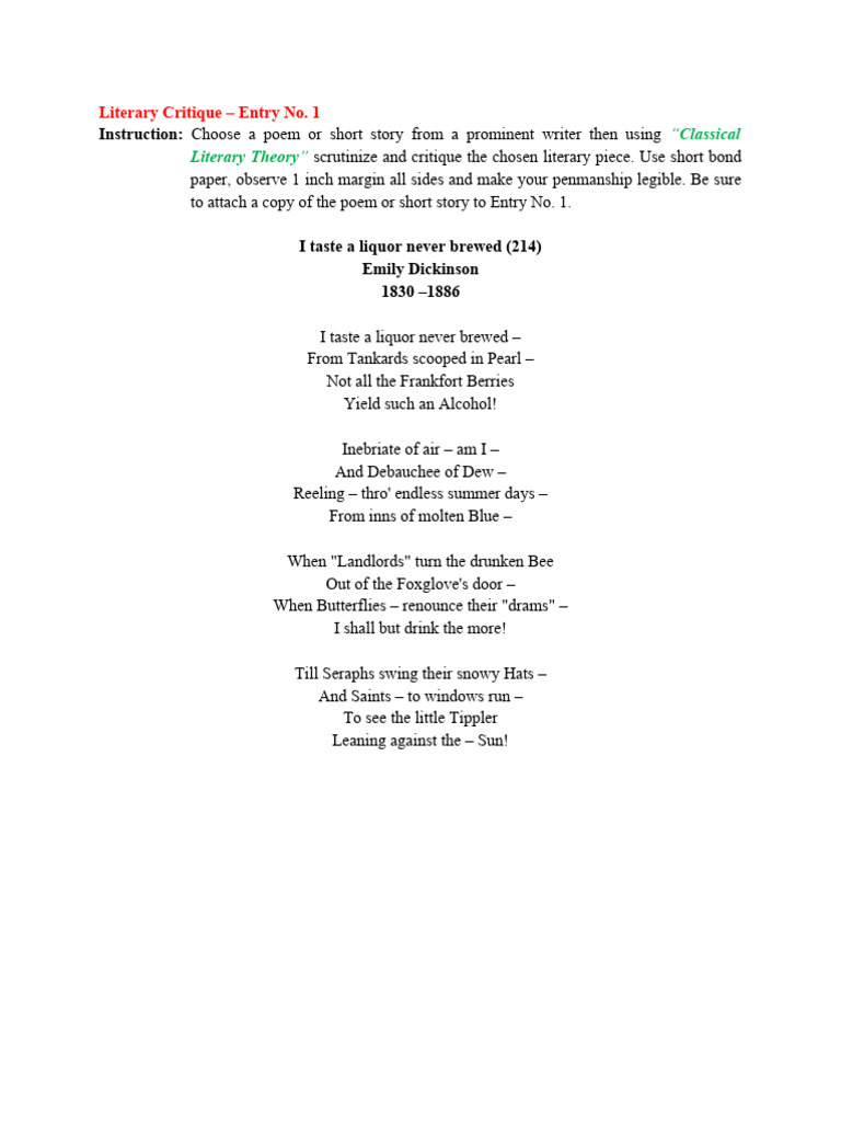 I Taste A Liquor Never Brewed Poem | PDF | Classics | General Fiction