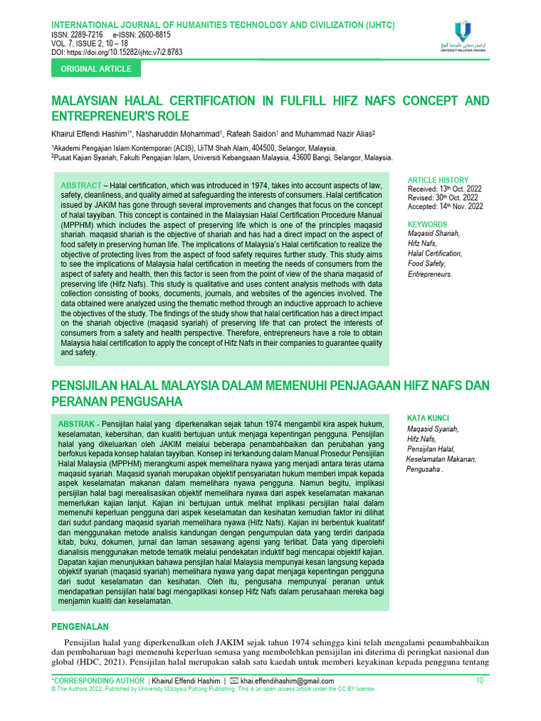 Malaysian Halal Certification in Fulfill Hifz Nafs Concept and Entrepreneur'S Role | PDF