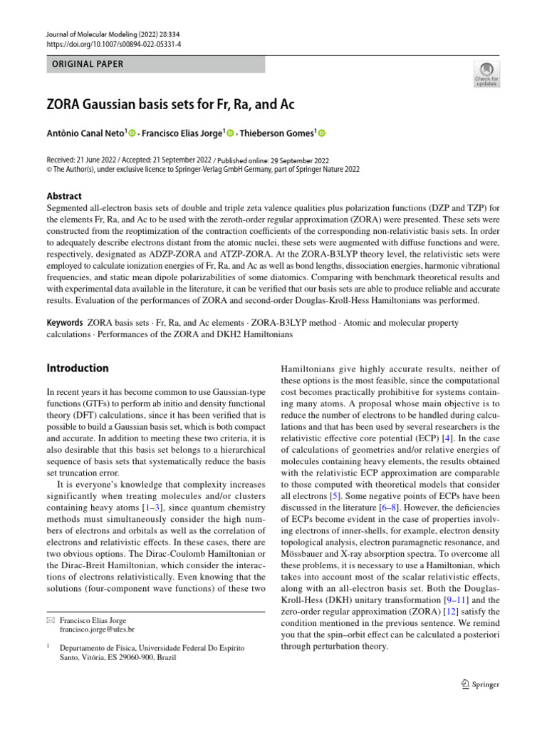 ZORA Gaussian Basis Sets For FR, Ra, and Ac | PDF | Atomic Orbital | Computational Chemistry