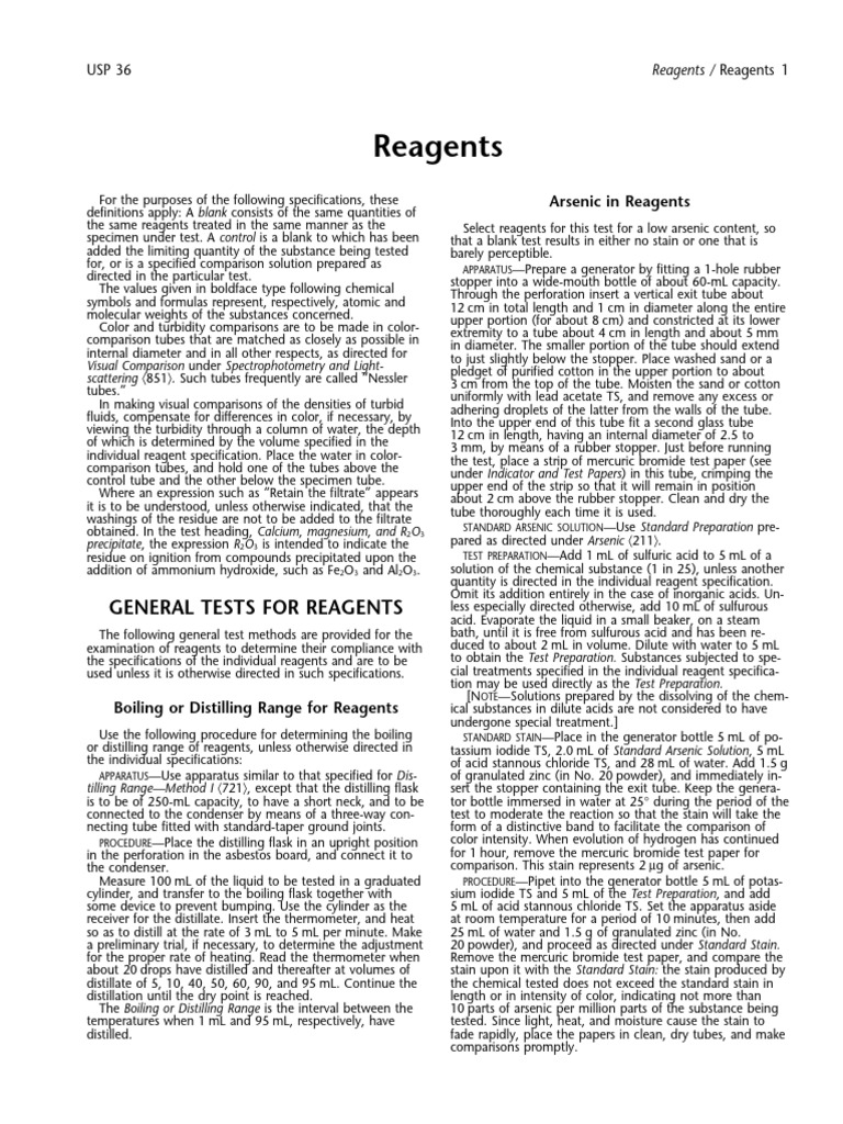 USP 36 Reagents: Arsenic Testing Methods | PDF | Distillation | Acid