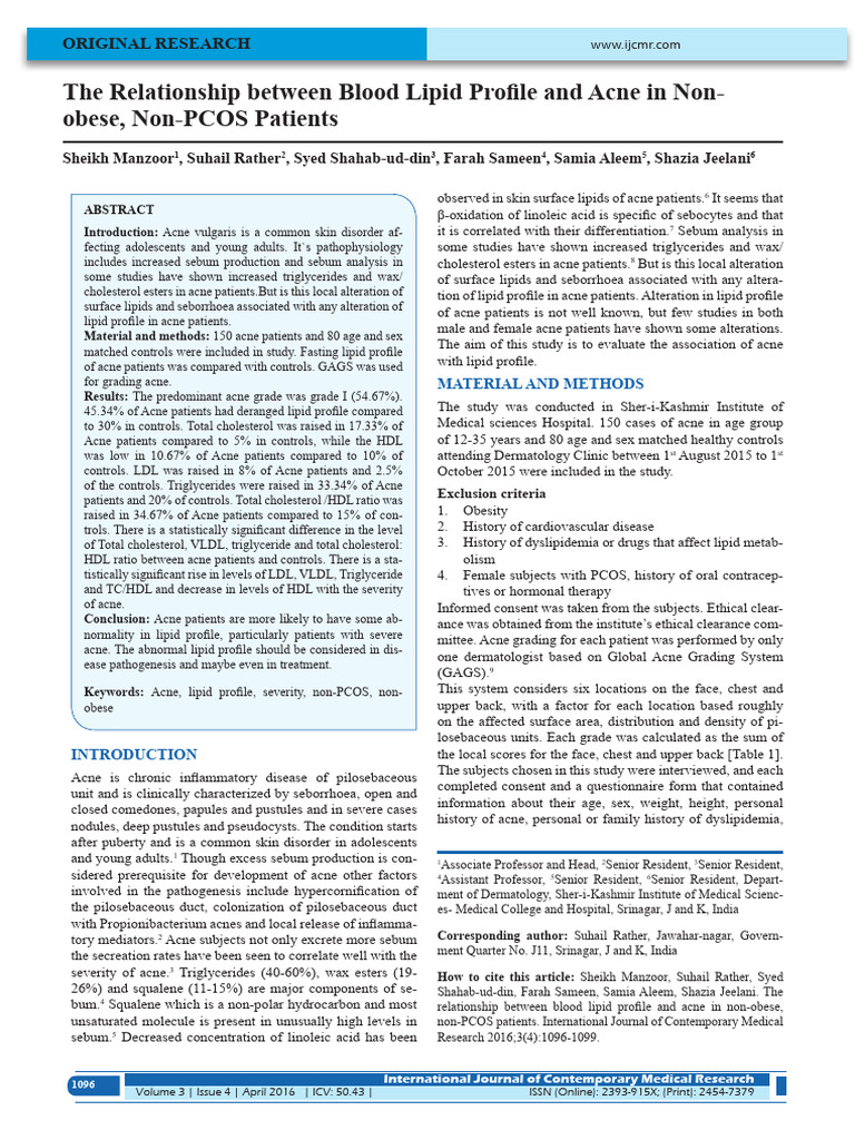 The Relationship Between Blood Lipid Profile and Acne in Non-Obese Non ...