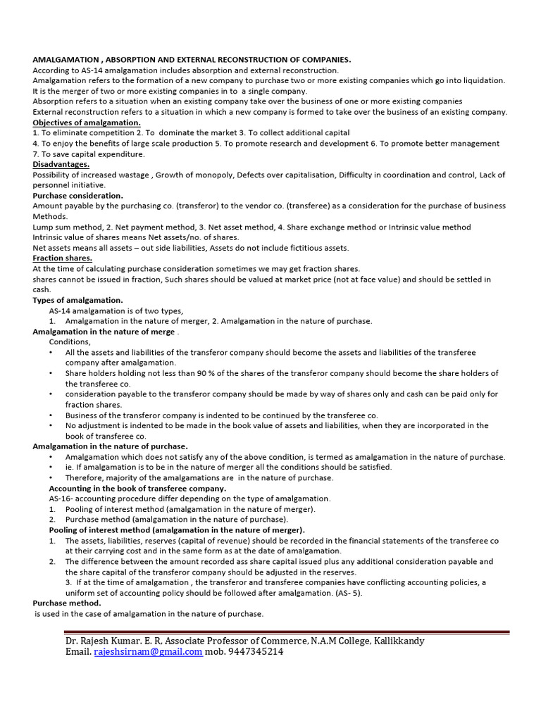 Amalgamation Note | PDF | Consolidation (Business) | Goodwill (Accounting)