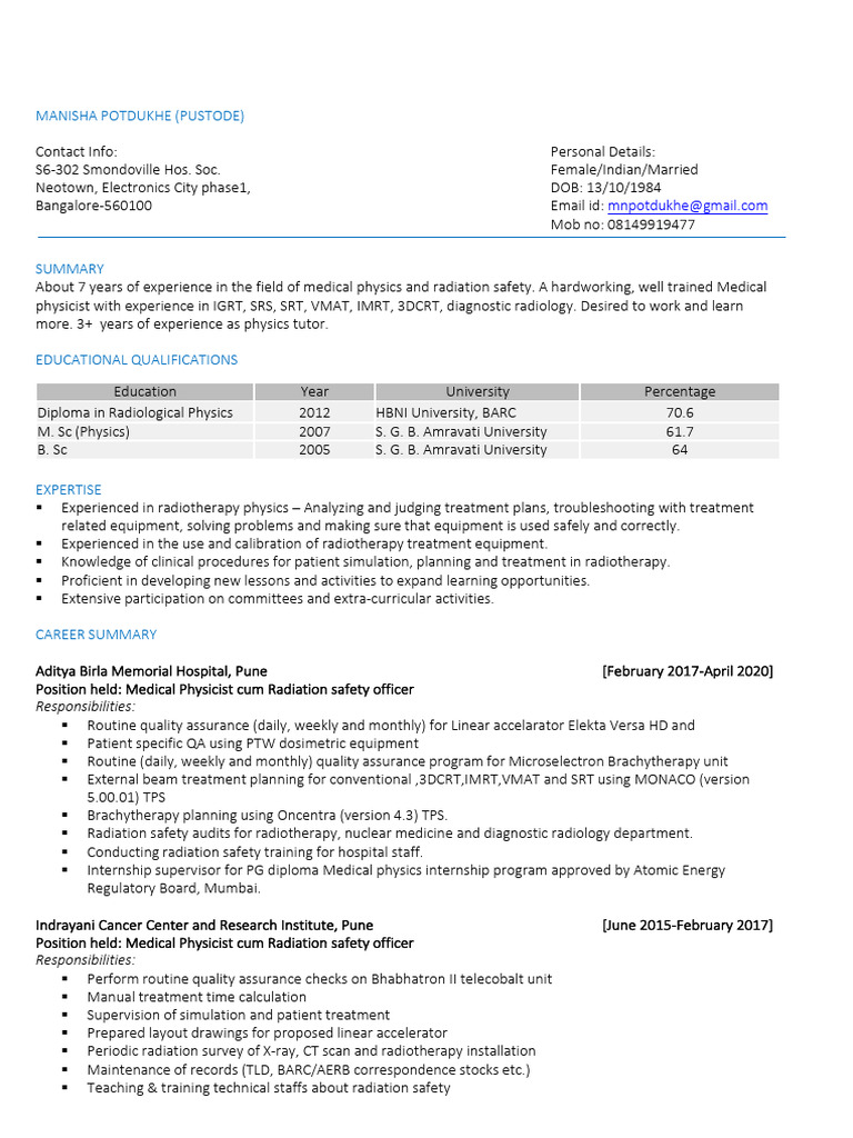 Manisha CV | PDF | Radiation Therapy | Medical Physics