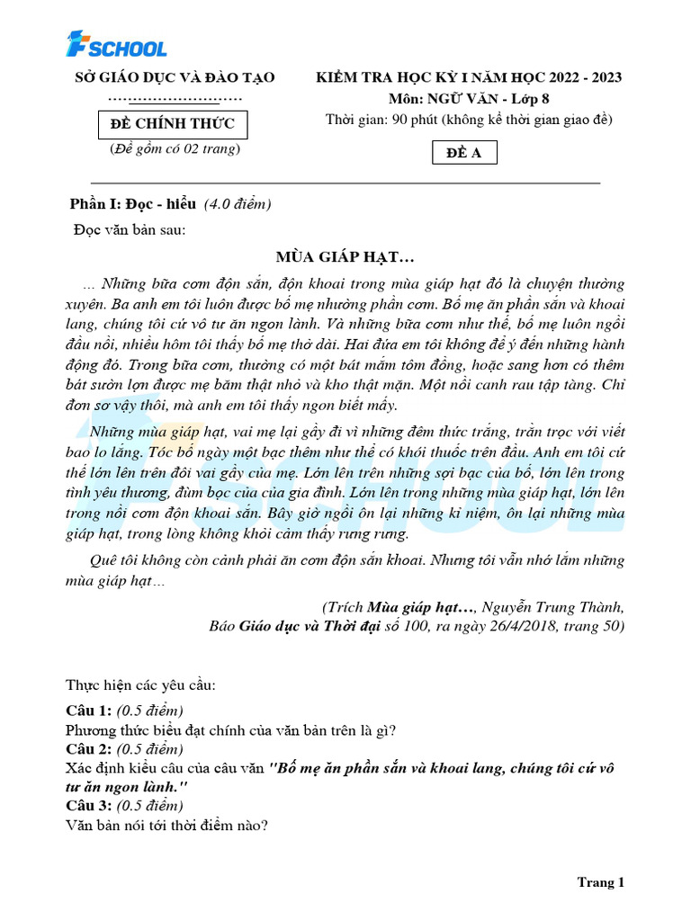 De Kiem Tra Cuoi Ki 1 Mon Ngu Van Lop 8 Nam 2021 2022 Co Dap An Va Ma Tran 35728306f4 | PDF