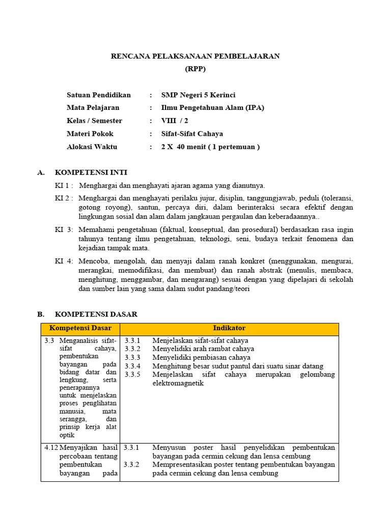 RPP Sifat-Sifat Cahaya | PDF