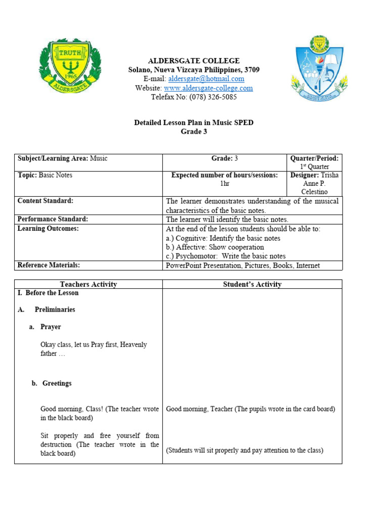 Grade 3 Music Lesson Plan: Basic Notes | PDF | Teachers | Learning