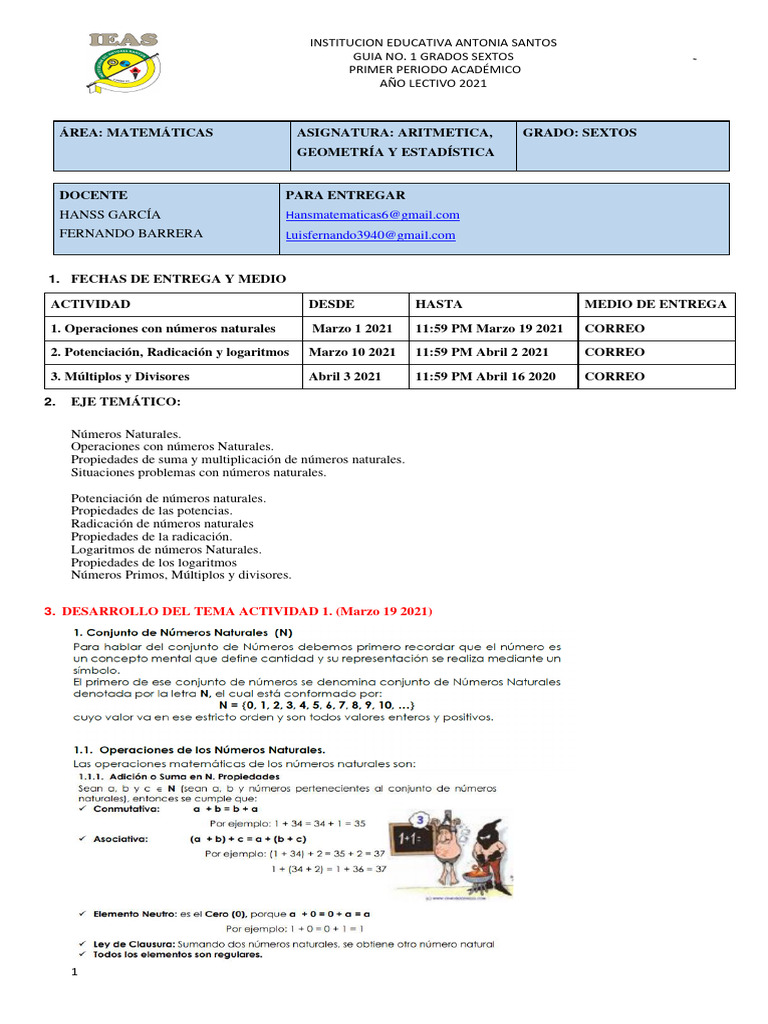 Guía 6. Números Naturales Operaciones y Problemas 1P | PDF