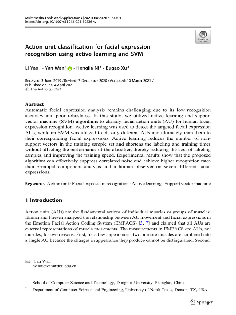 Acción Unidadclasificación para El Reconocimiento de Expresiones Faciales Usando Aprendizaje ...
