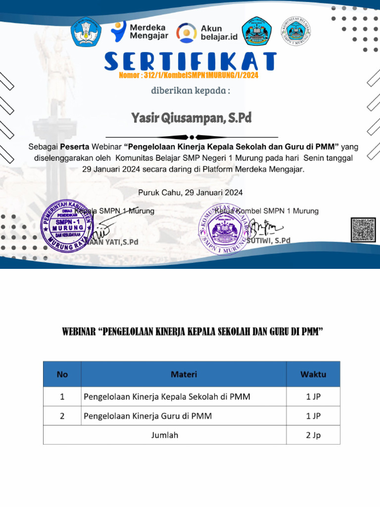 Esertifikat Webinar Pengelolaan Kinerja Kepsek Dan Guru Di PPM | PDF