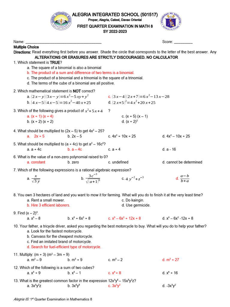 1st Quarter Exam in Math 8 | PDF | Cartesian Coordinate System ...