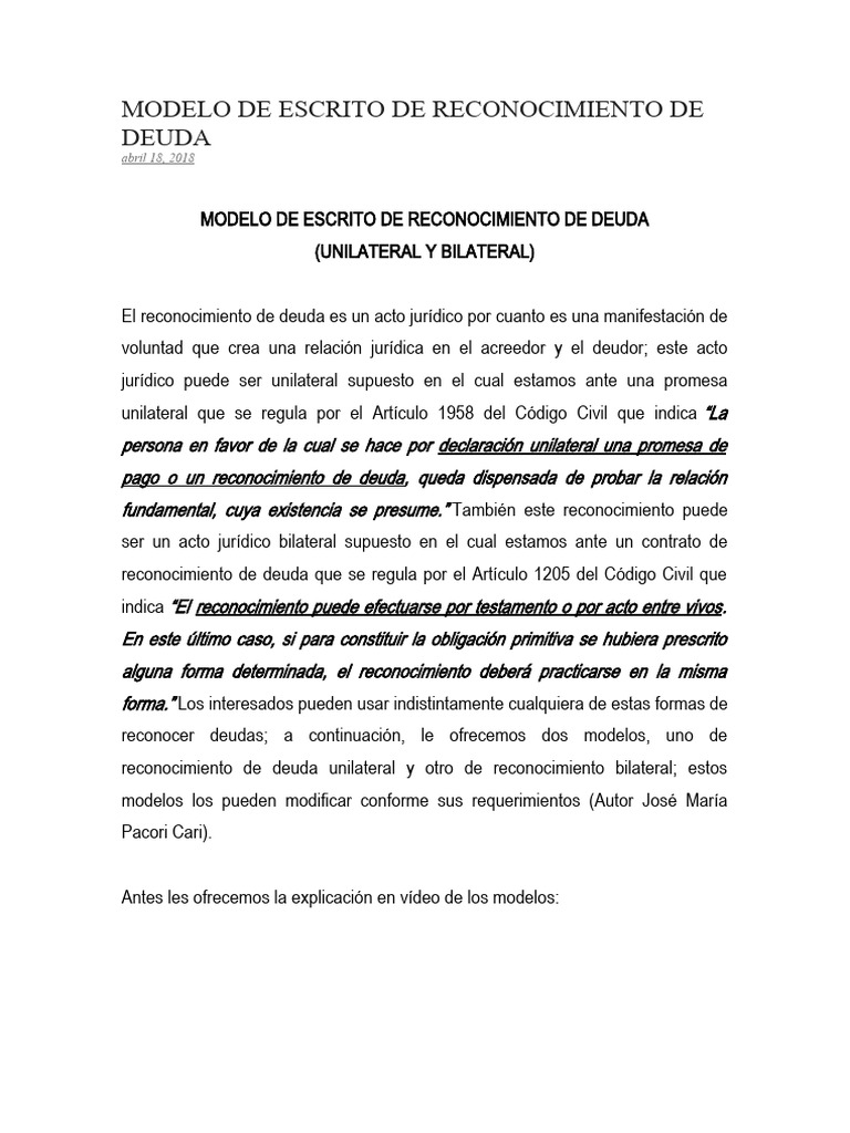 Reconocimiento Unilateral De Deuda Pdf Pagos Deuda