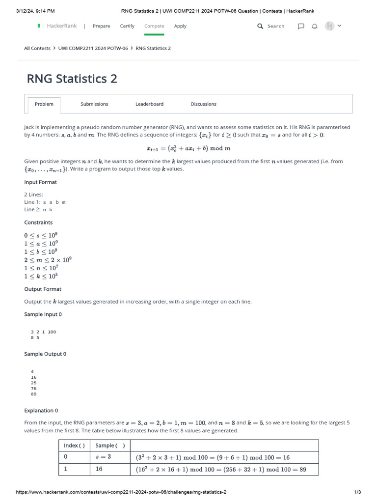 RNG Statistics 2 - UWI COMP2211 2024 POTW-06 Question - Contests ...