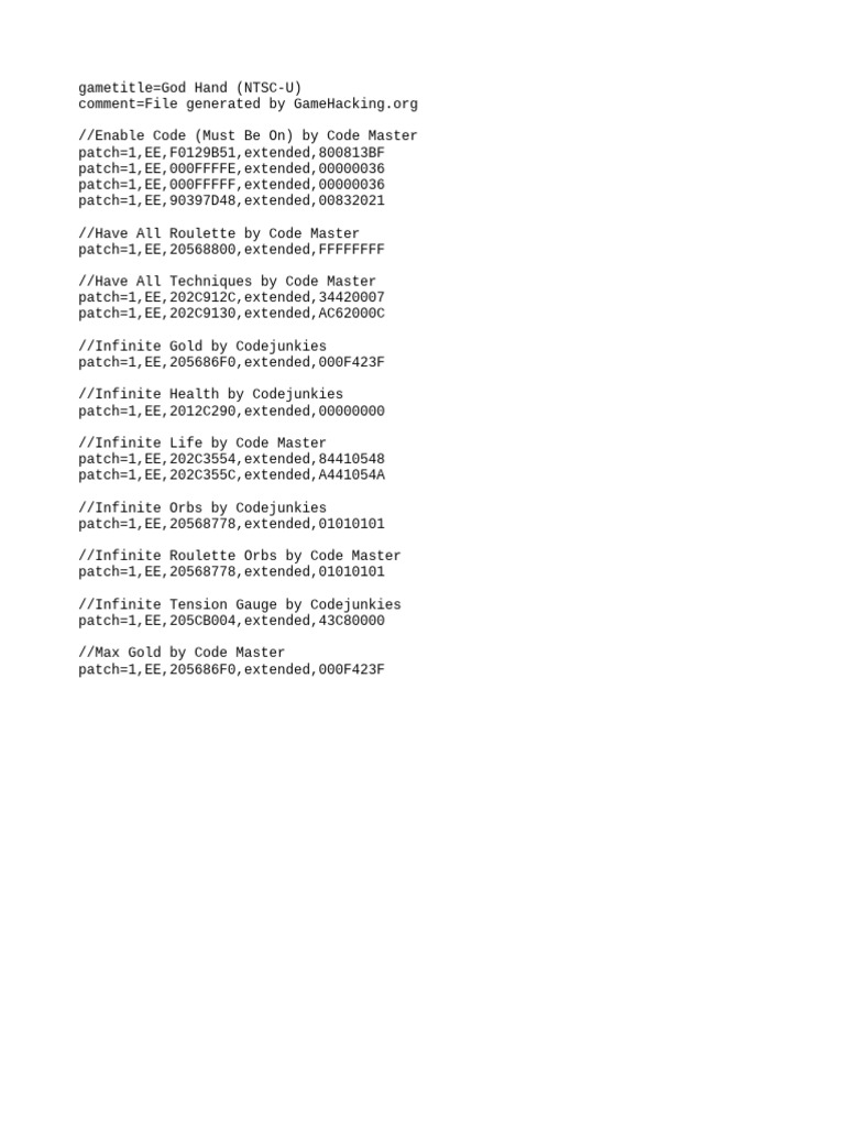 God Hand Cheat Codes and Patches | PDF | Technology & Engineering