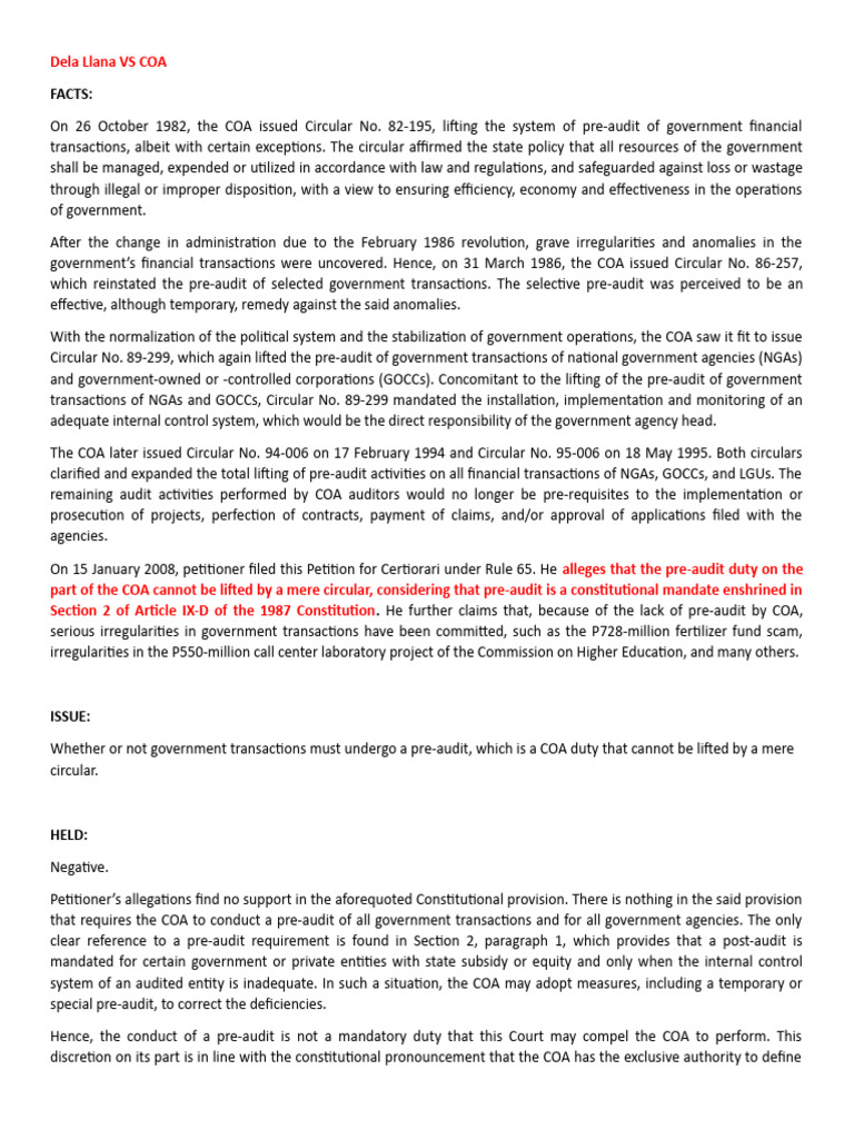 Dela Llana VS COA Digest | PDF | Audit | Internal Control