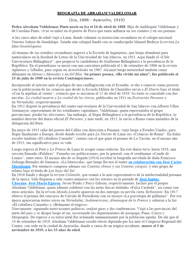 Biografía de Abraham Valdelomar | PDF | Clásicos