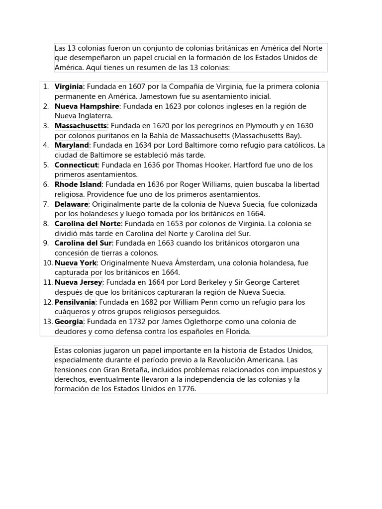 Resumen de las 13 Colonias Americanas | PDF | Viajes y turismo | Historia