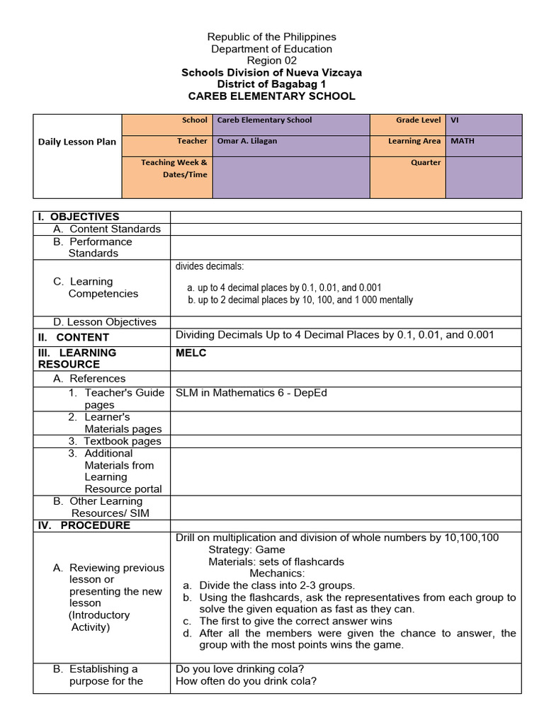 Math DLP G6 Q1 W8 | PDF | Division (Mathematics) | Numbers