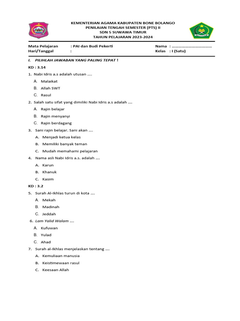 SOAL PTS KELAS 1 SEM 2 | PDF