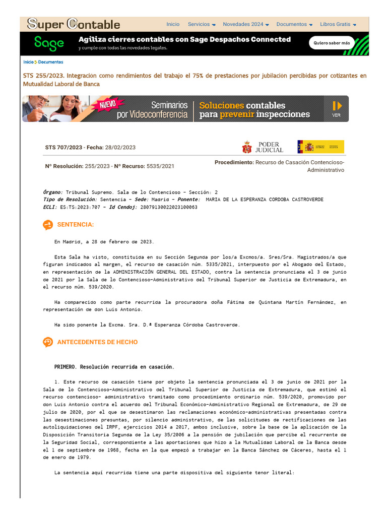 STS 255 - 2023. Integración Como Rendimientos Del Trabajo El 75% de Prestaciones Por Jubilación ...