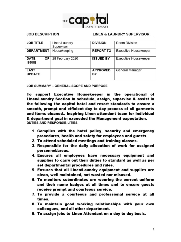 Linen & Laundry Supervisor Job Description | PDF