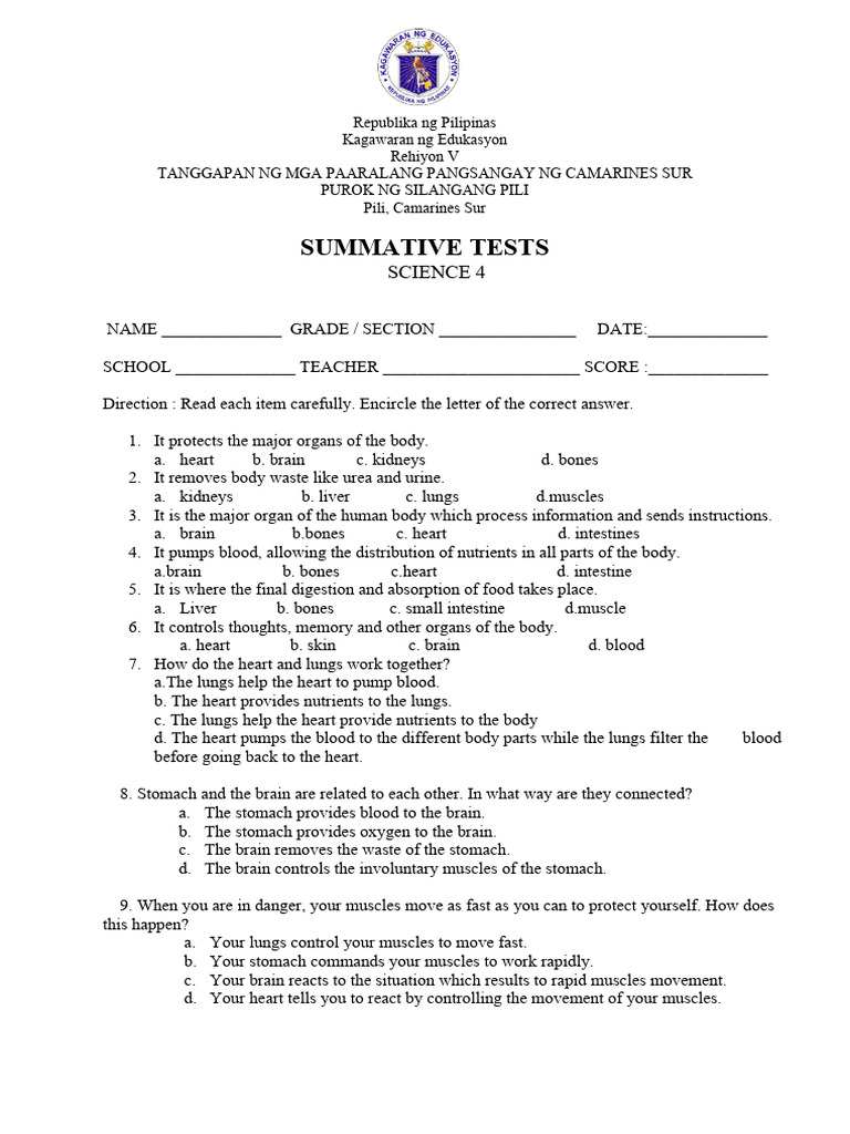 Science-4-Summative Tests | PDF | Stomach | Blood
