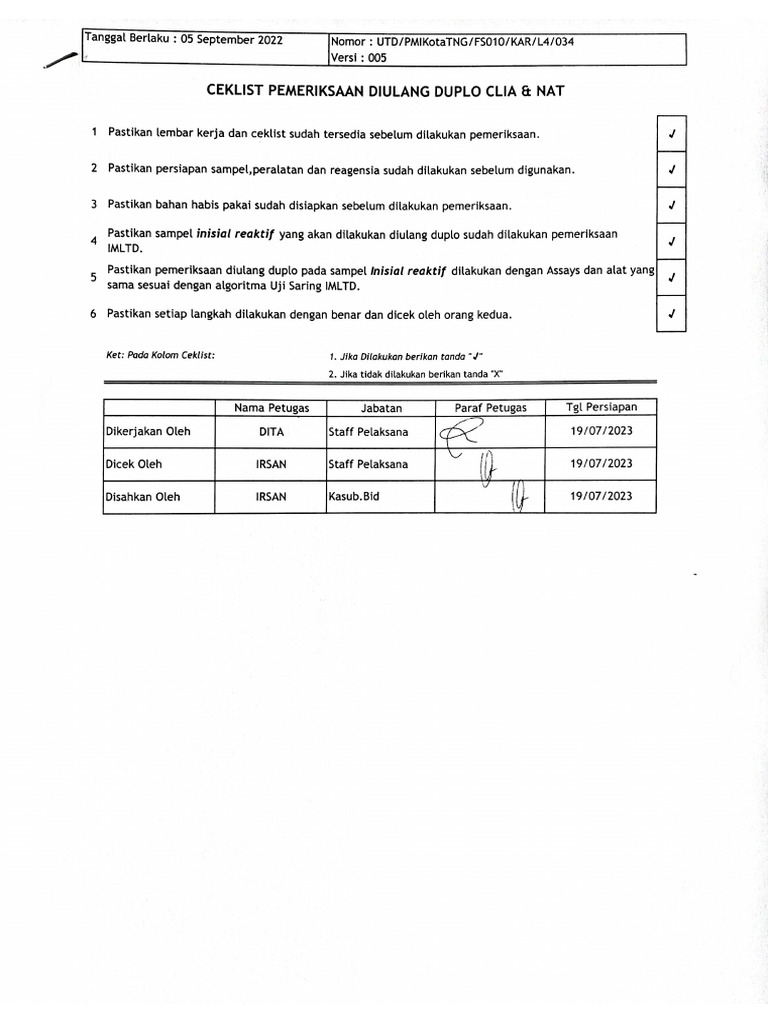Ceklist - Form Pemeriksaan Diulang Duplo Uji Saring IMLTD | PDF