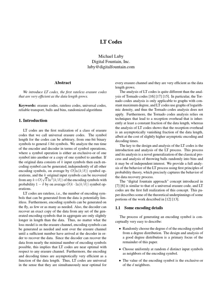 LT Codes: Michael Luby Digital Fountain, Inc | PDF | Code | Transmission Control Protocol