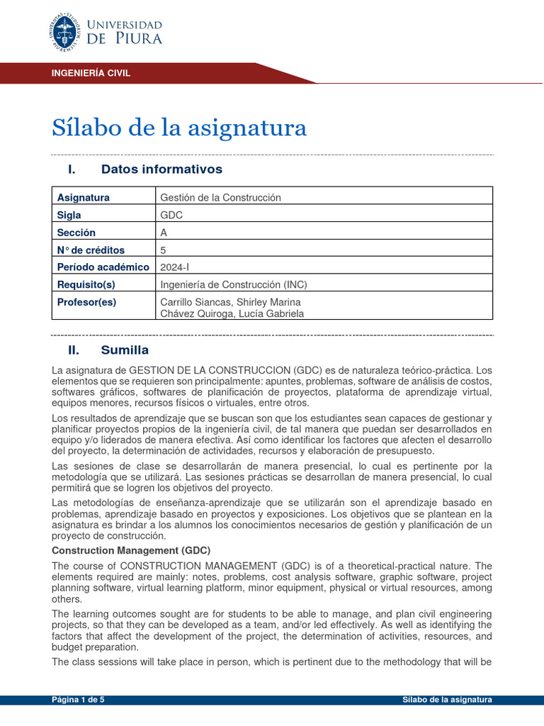 Silabo_Gestión de la Construcción _GDC_detallado 24-I | PDF | Gestión de proyectos | Presupuesto