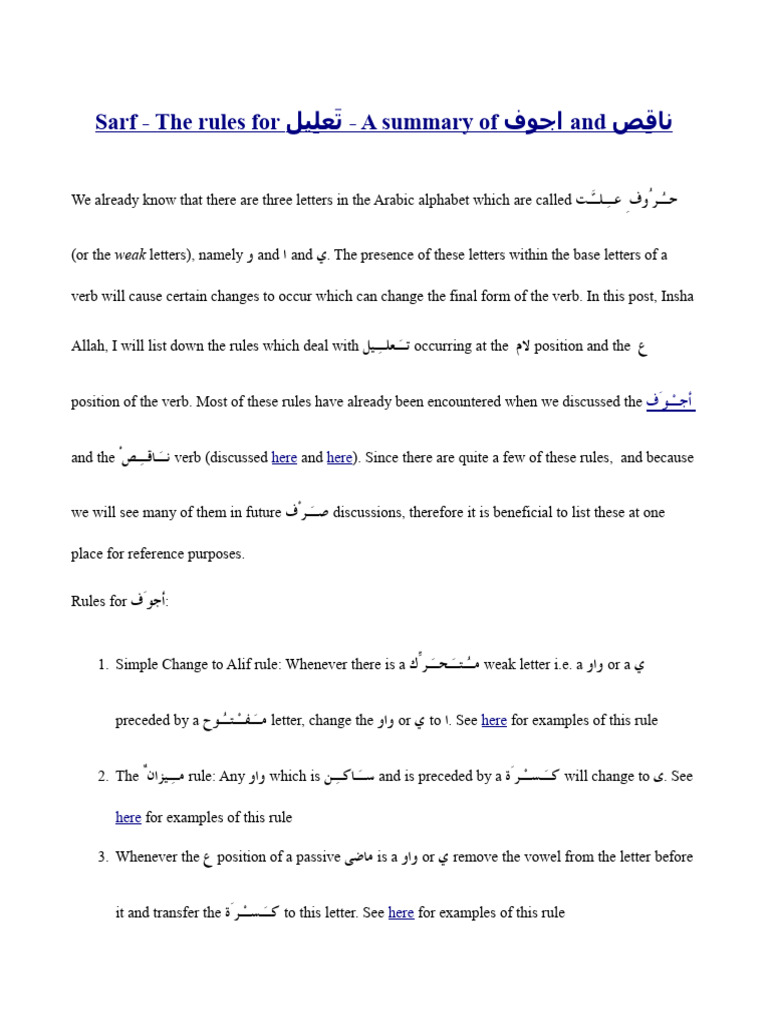 Sarf The Rules For Taleel A Summary of Ajwaf and Naqis - Compress | PDF | Language Families ...