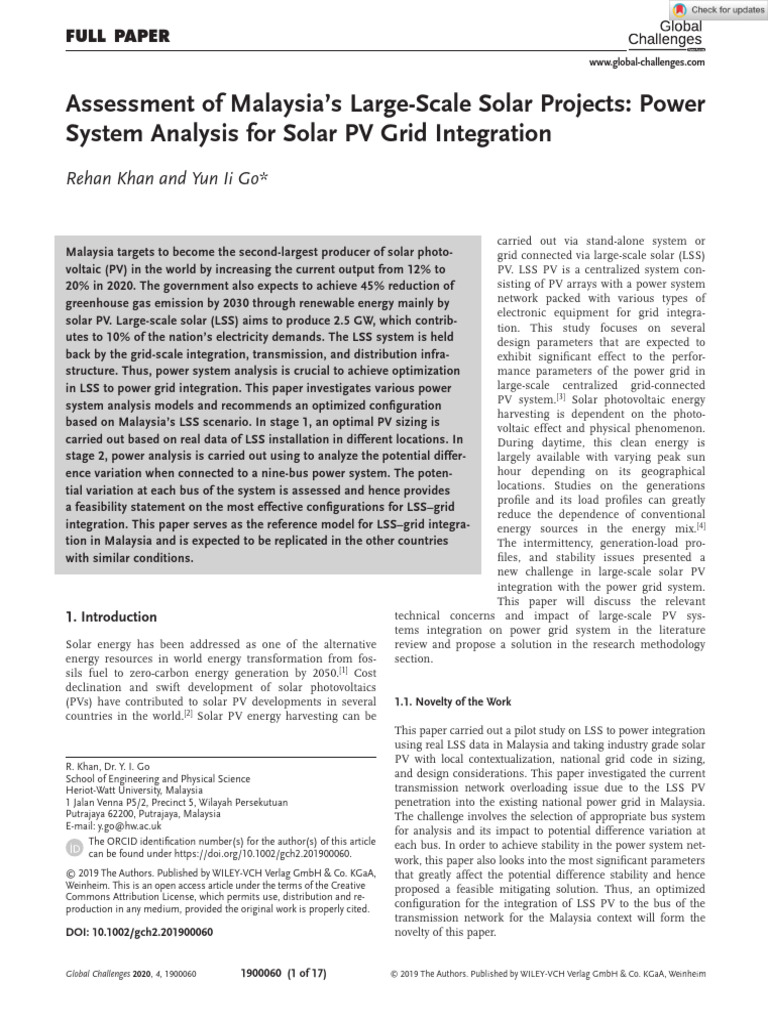 Global Challenges - 2019 - Khan - Assessment of Malaysia S Large Scale Solar Projects Power ...