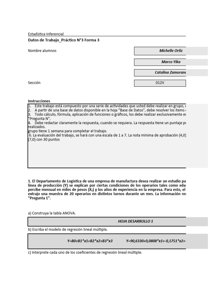 Trabajo Práctico 3 MAT4150 Forma 3 TERMINADO | PDF | Regresión lineal | Coeficiente de determinación