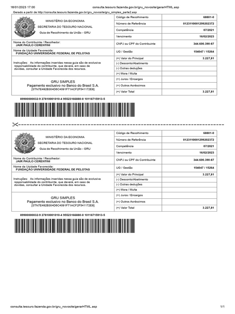 GRU Guia de Recolhimento Da Uniao 2019001 GRU JAIR PAULO CERENTINI ...