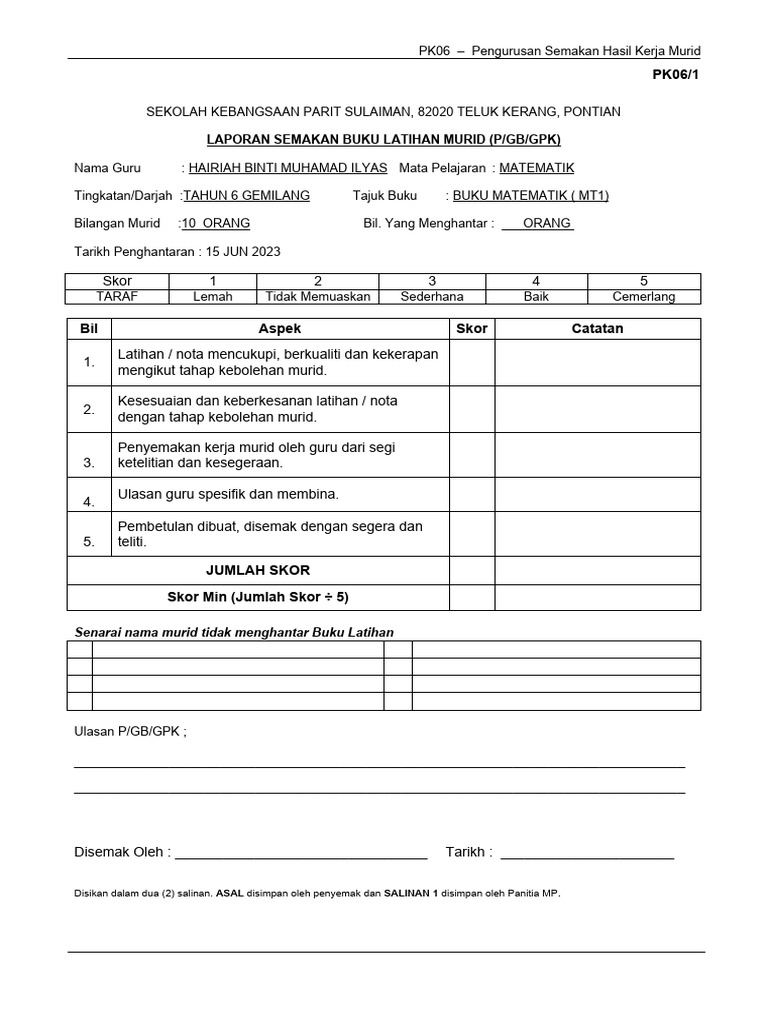 Borang Pk06 Semakan Kerja Murid | PDF