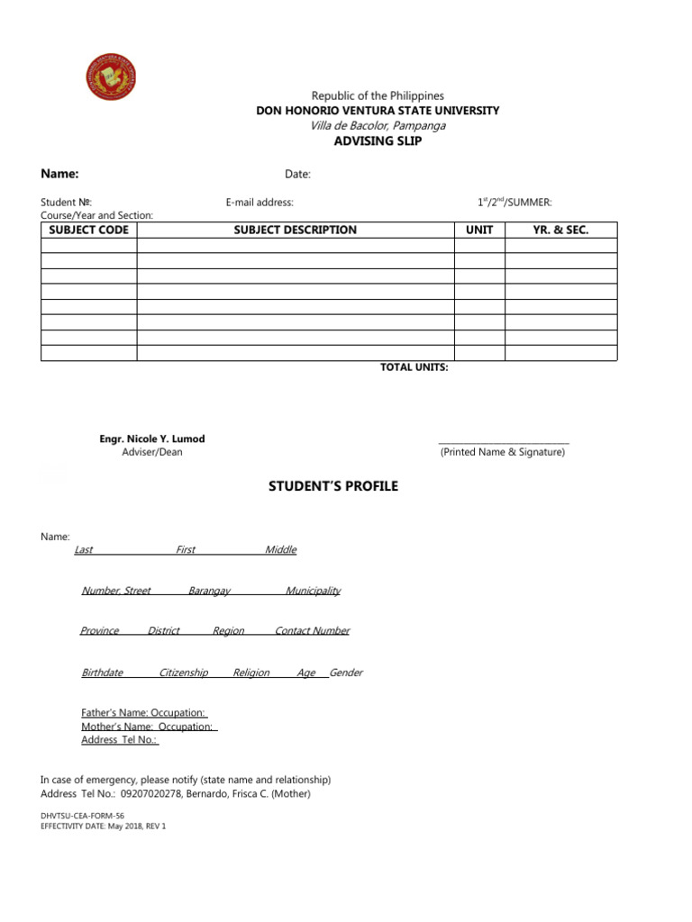 Advising Slip for DHVTSU Students | PDF