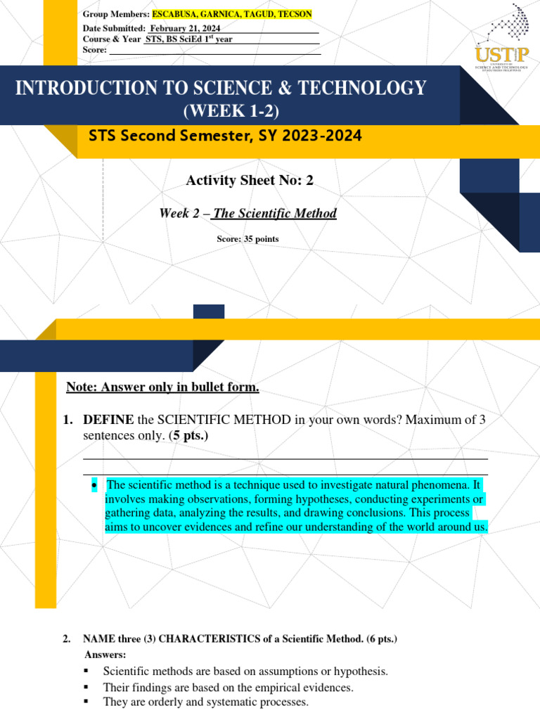Week 1 2 Activity 2 The Scientific Method 1 Group 9 | PDF | Methodology | Scientific Method