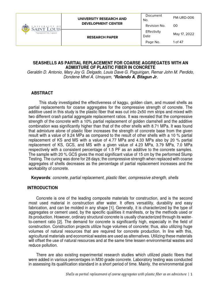 Seashells As Partial Replacement For Coarse Aggregates With An ...
