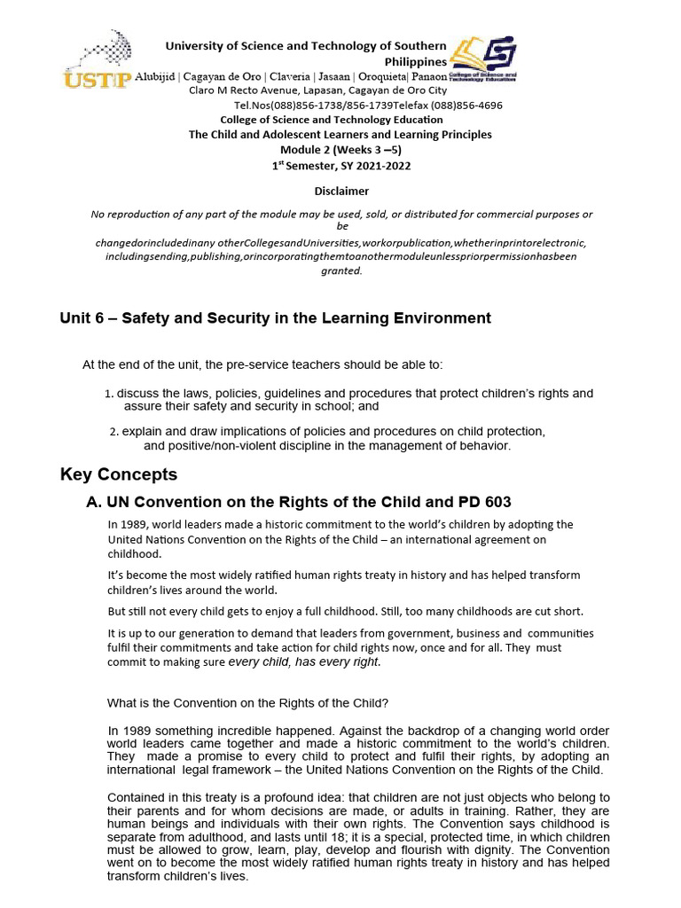 Unit-6-Safety and Security in The Learning Environment | PDF | Child Abuse | Child Protection