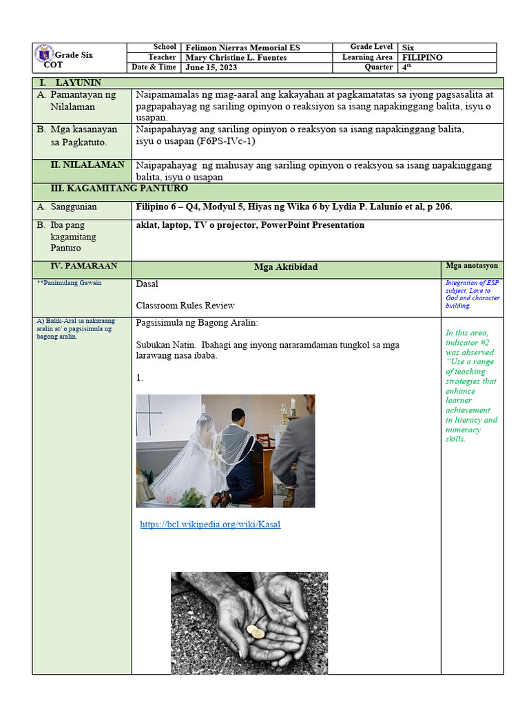 Fil 6 Q4 W6-Naipapahayag Ang Sariling Opinyon o Reaksiyon Sa Isang Napakinggang Balita Isyu o ...
