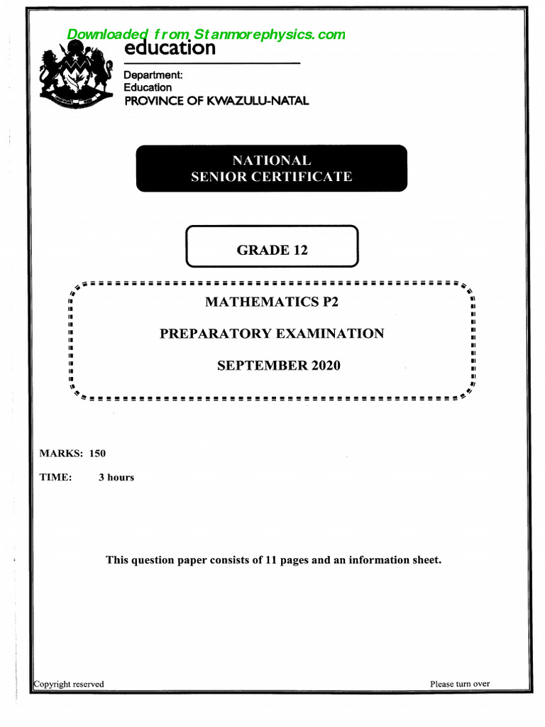 Grade 12 Maths P2 September 2020 Memo | PDF | Educational Stages