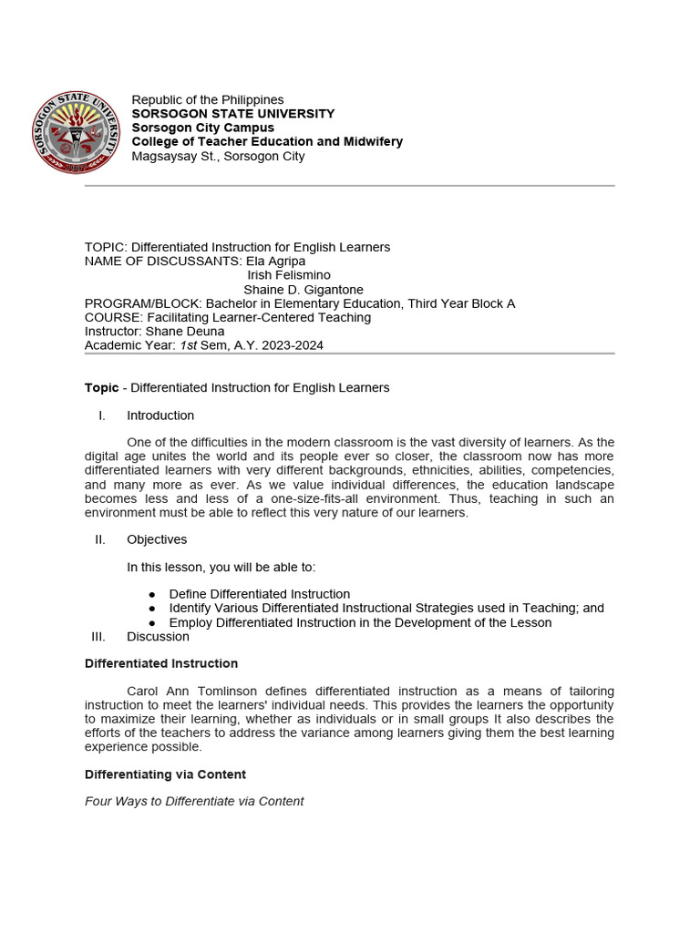 Differentiated Instruction For English Learners | PDF | Differentiated ...