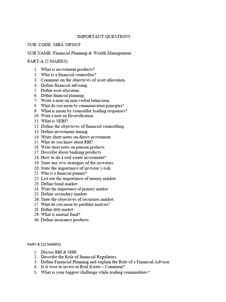 Important Questions-Financial Planning & Wealth Management | PDF ...